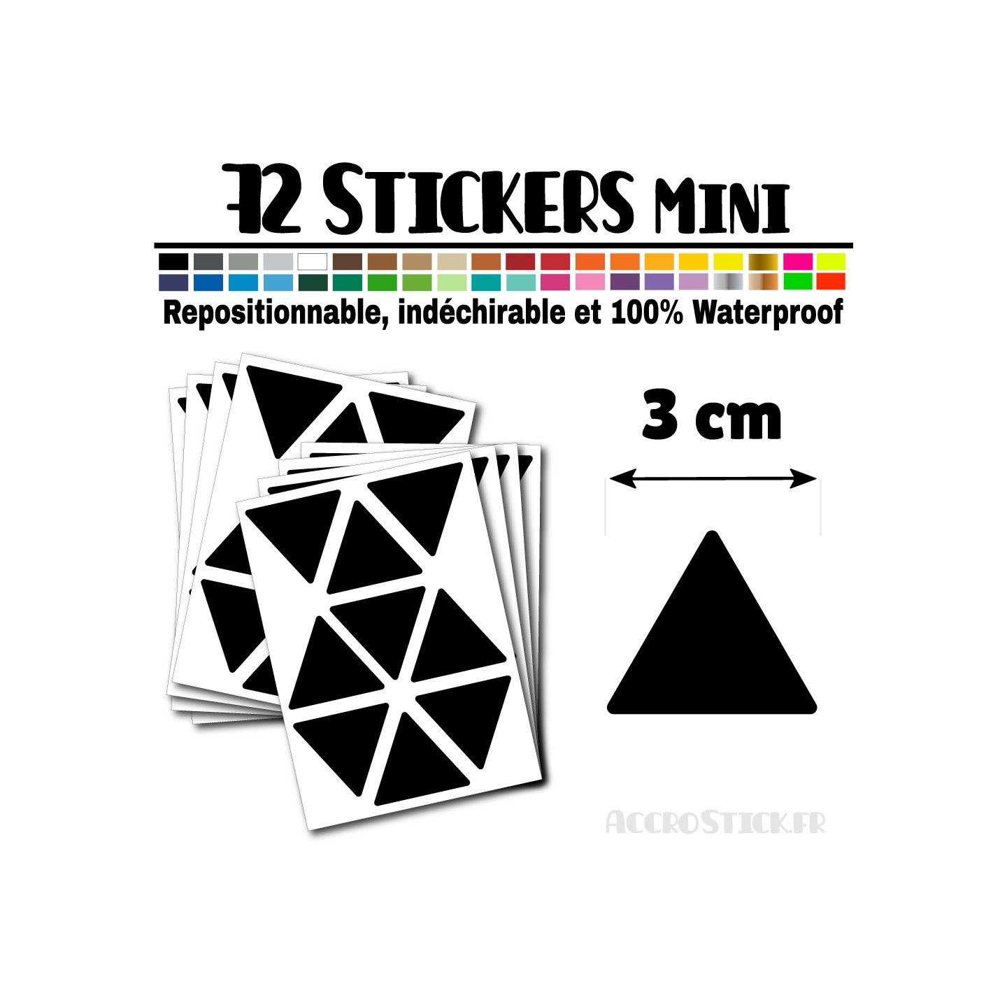 72 Triangles 3 cm - Stickers étiquettes gommettes Couleur Noir