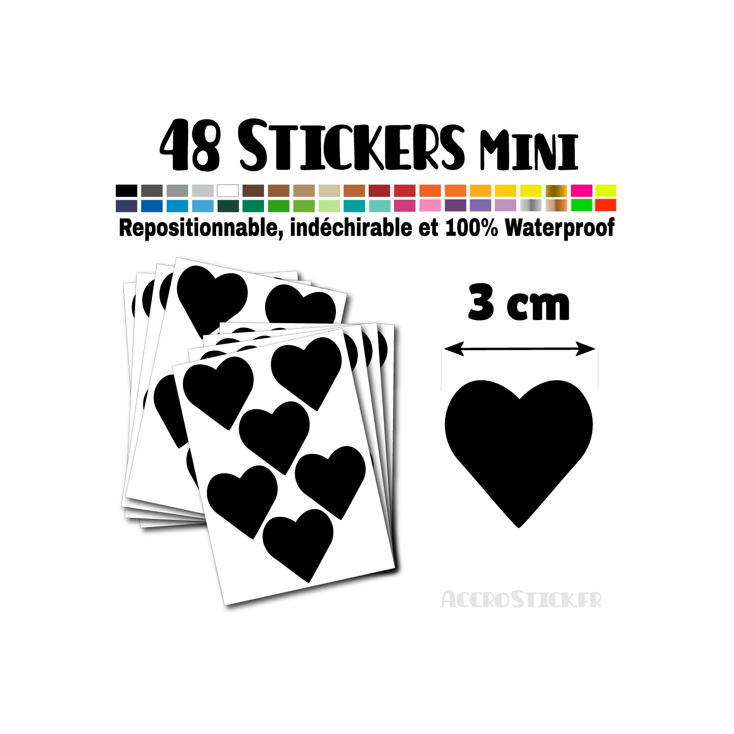 48 Coeurs 3 cm - Stickers mini gommettes Couleur Noir
